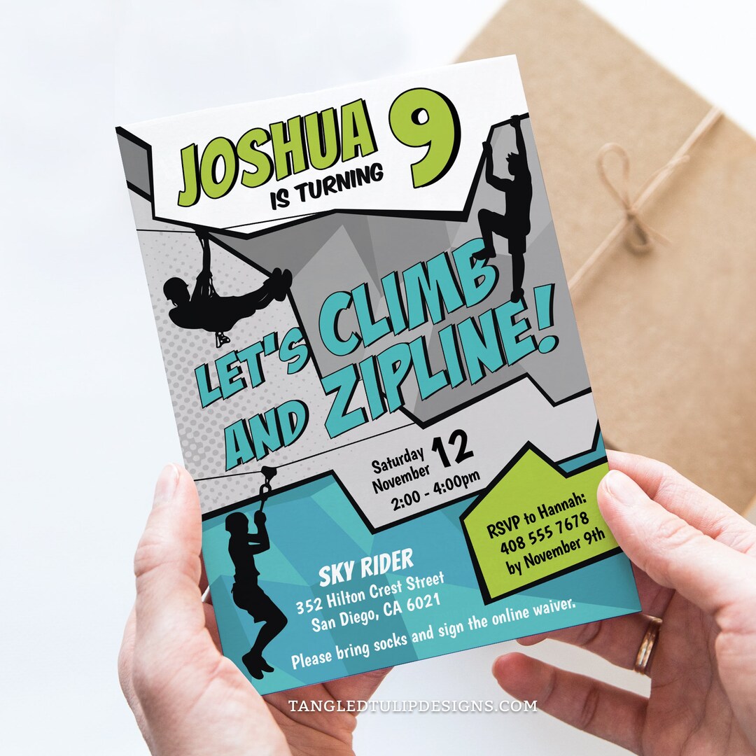 Editable Indoor Ziplining Birthday Invitation for Boys Climb & Zipline ...