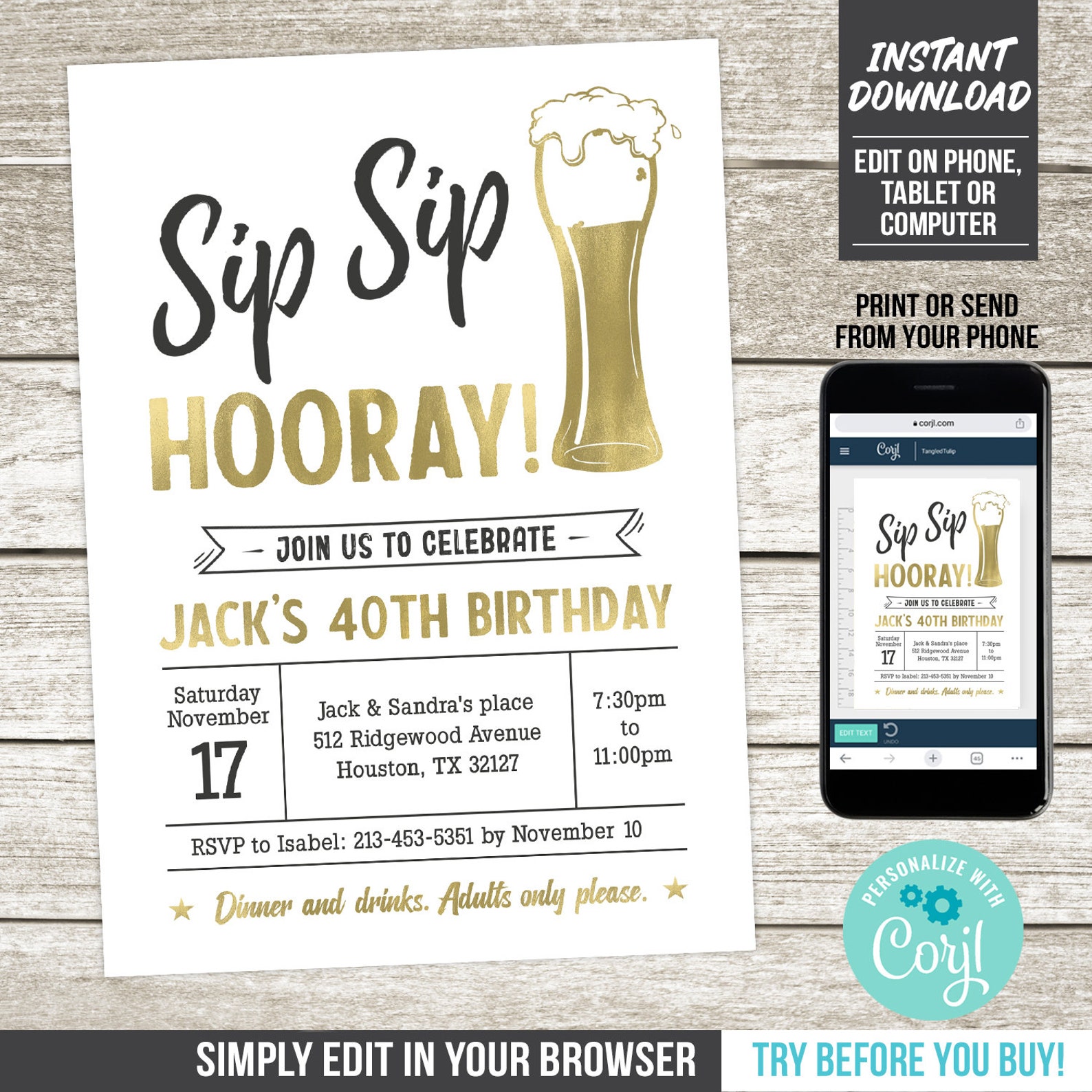 Sip Sip Hooray Birthday Invitation | Man Beer Theme Birthday Party ...