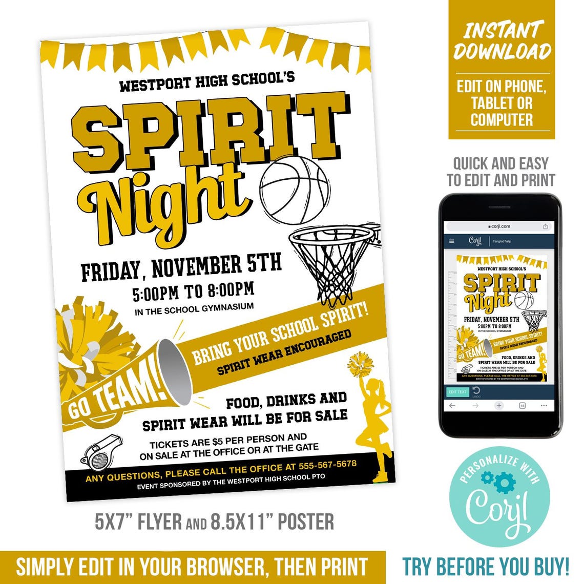 School Spirit Night Flyer | Basketball Pep Rally School Event Poster ...