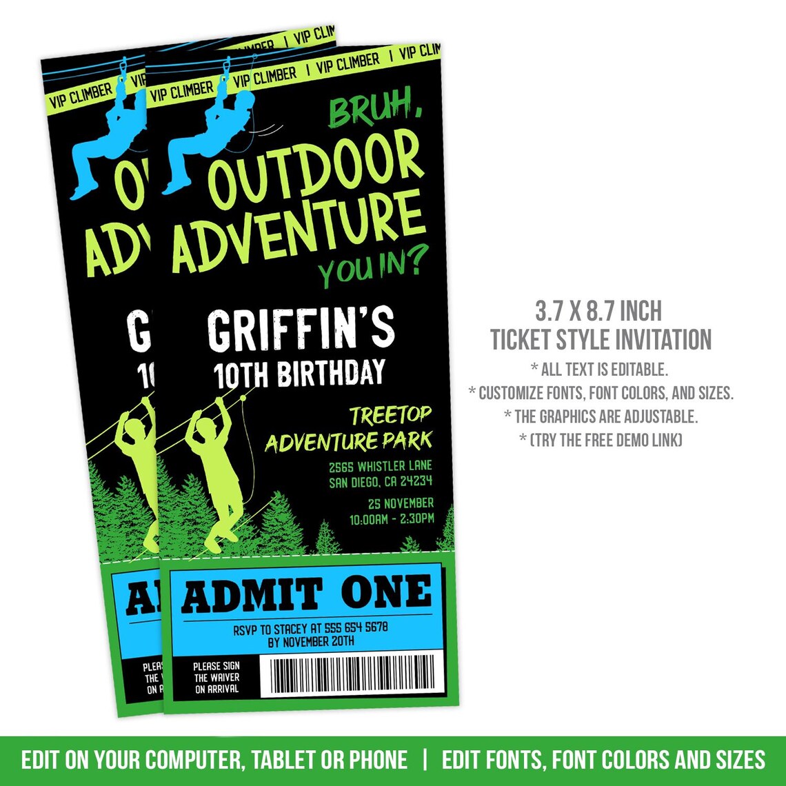 Outdoor Adventure Birthday Invitation | Boy Rope Course Zipline Ticket ...