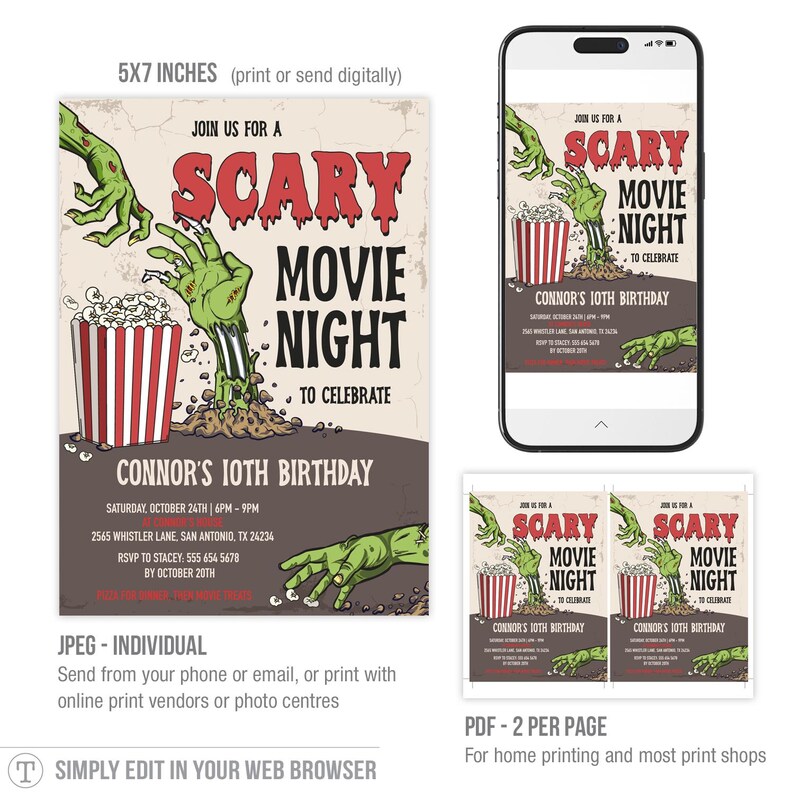 Scary Movie Birthday Invitation | Boy Zombie Movie Night Birthday Party ...