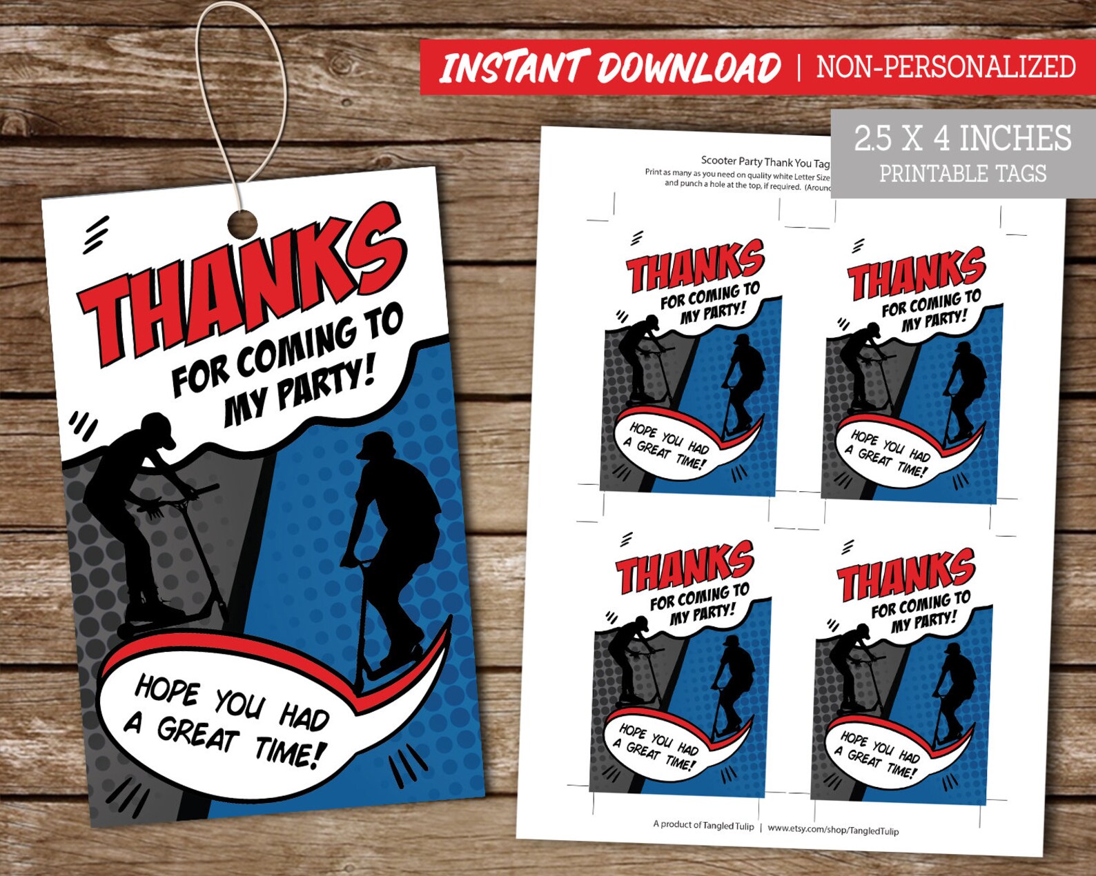 Scooter Birthday Thank You Tags: Red & Blue Party Favors for Boys ...