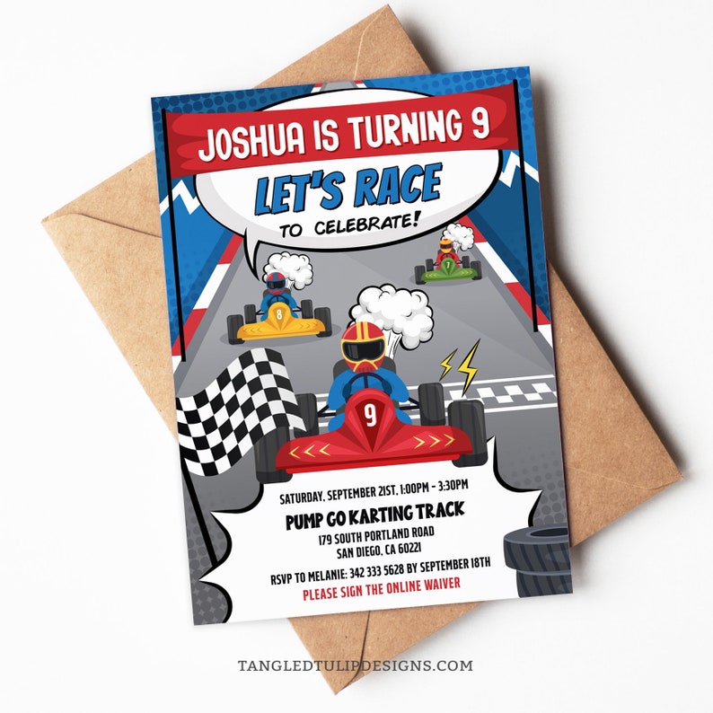 Go Kart Birthday Invitation | Boy Go Kart Racing Birthday Party Invite ...