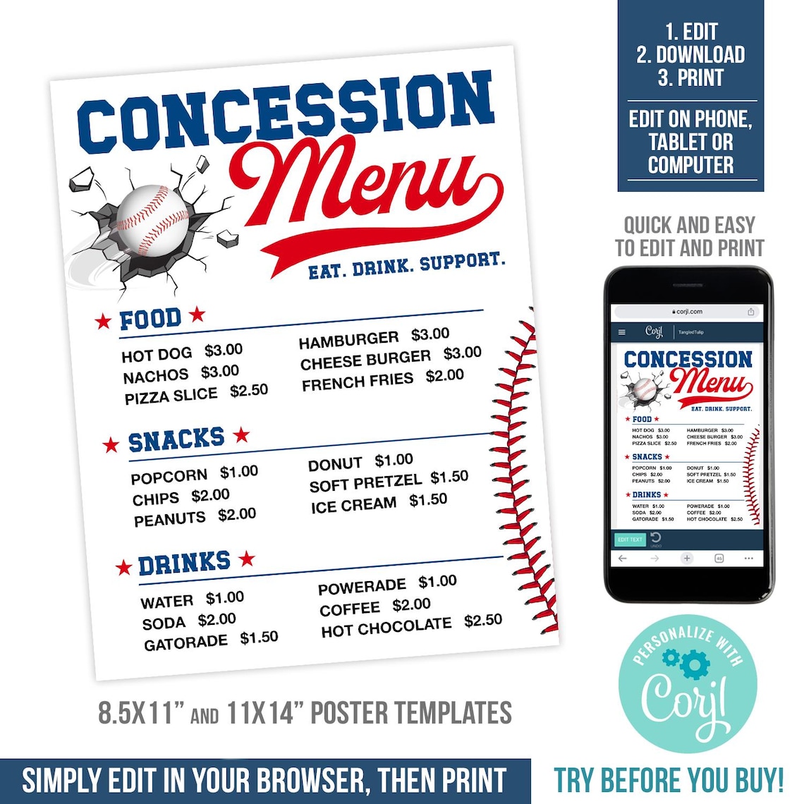Baseball Concession Menu Poster | Baseball Refreshment Stand Price List ...