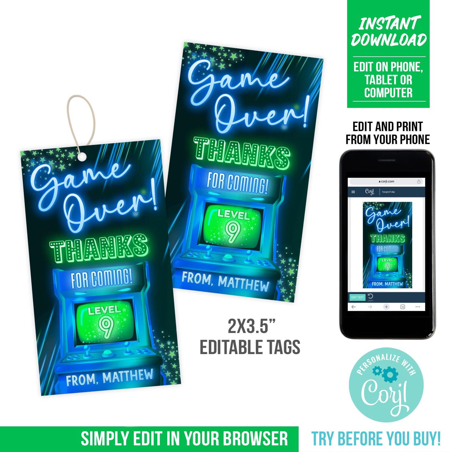 Arcade Birthday Thank You Favor Tags | Game Over Arcade Party Favor Tag ...