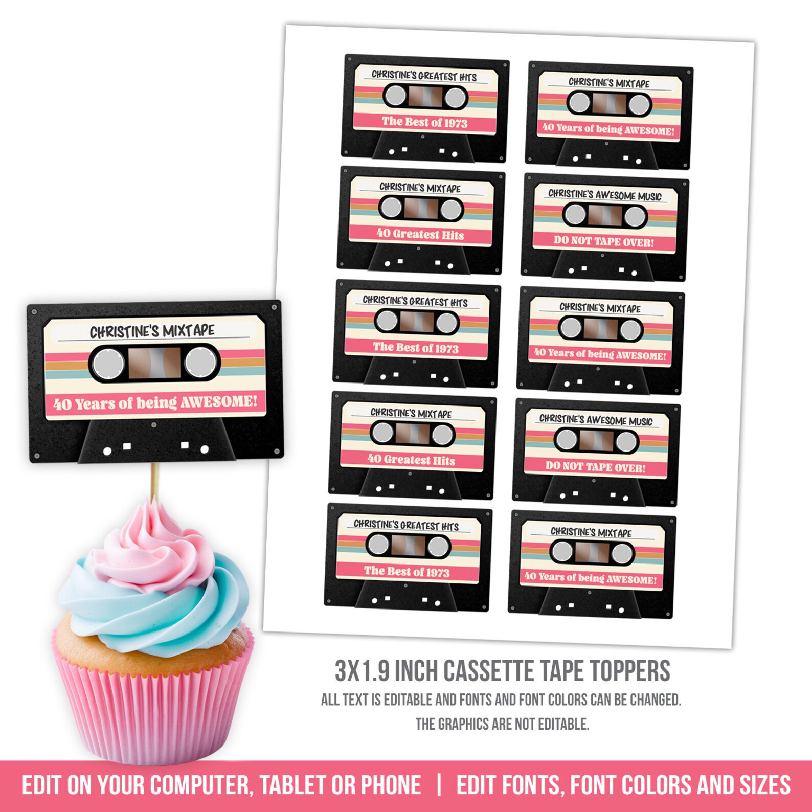 Cassette Tape Cupcake Toppers Editable Vintage Mixtape Birthday ...