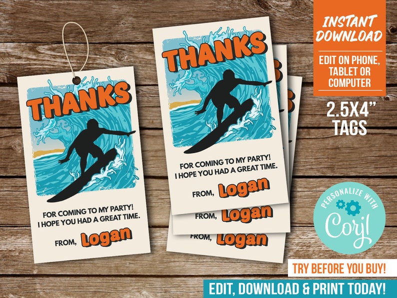 Surfing Birthday Thank You Tags Surf Party Favor Tags - Etsy
