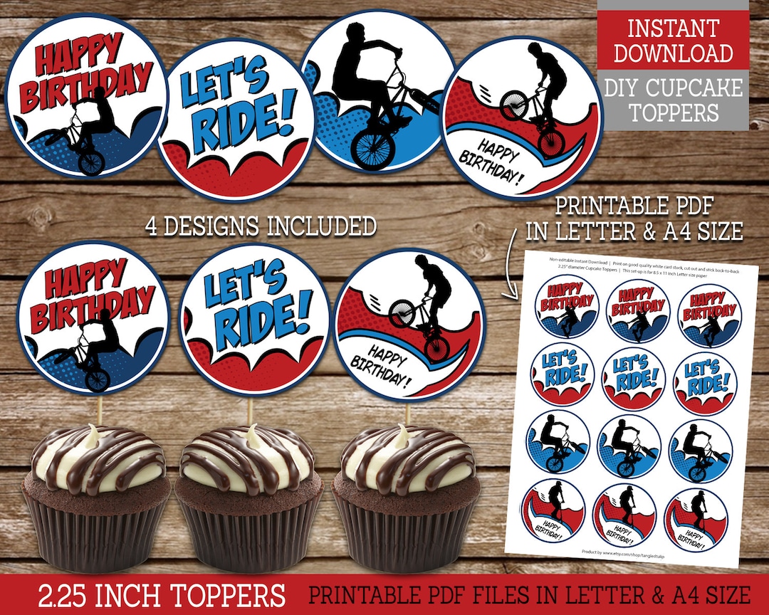 BMX Bike Party Cupcake Toppers PRINTABLE BMX Biking Birthday - Etsy