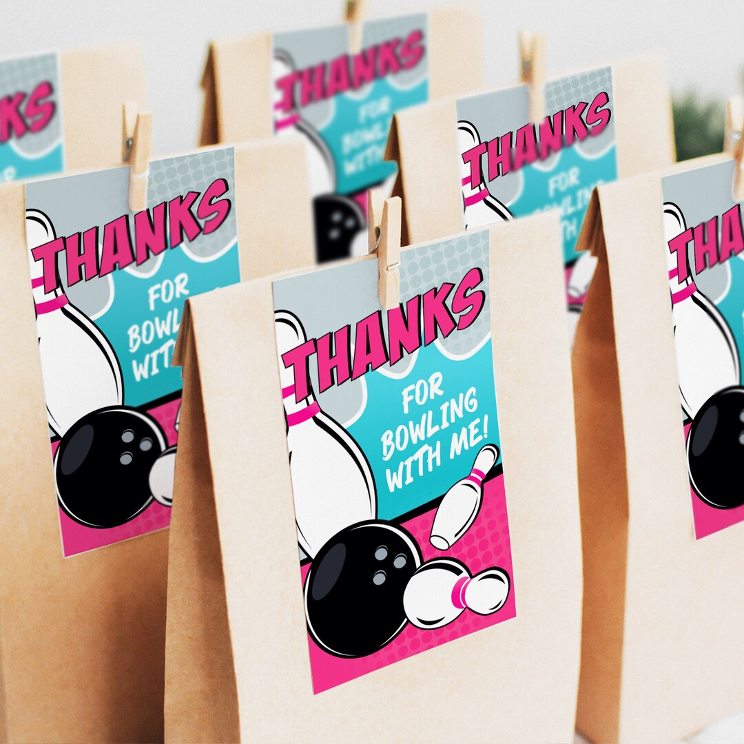 Bowling Birthday Thank You Tags Girl Tenpin Bowl Favor Tag Hot Pink ...