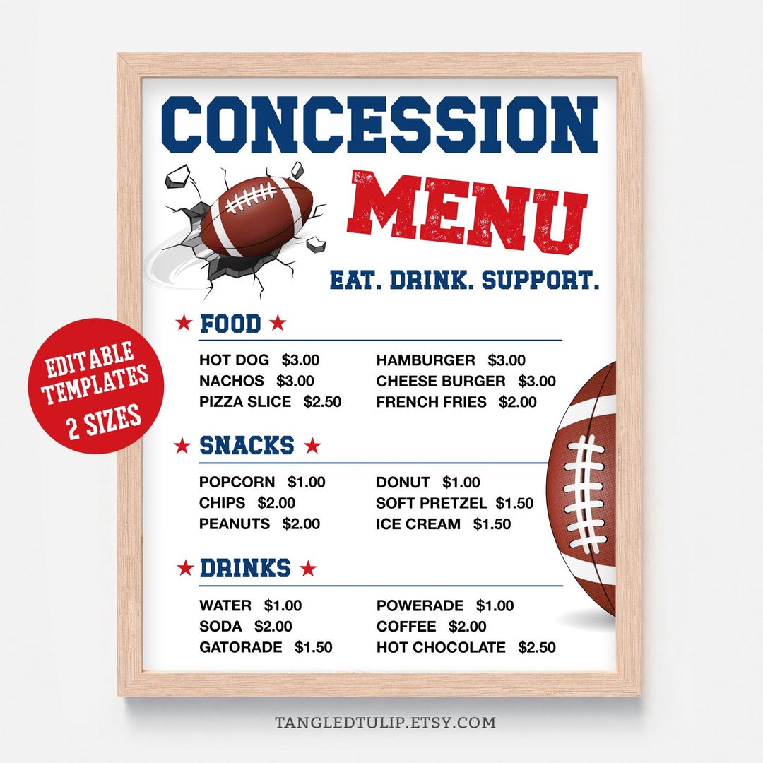 Football Concession Menu Poster | Football Refreshment Stand Price List ...