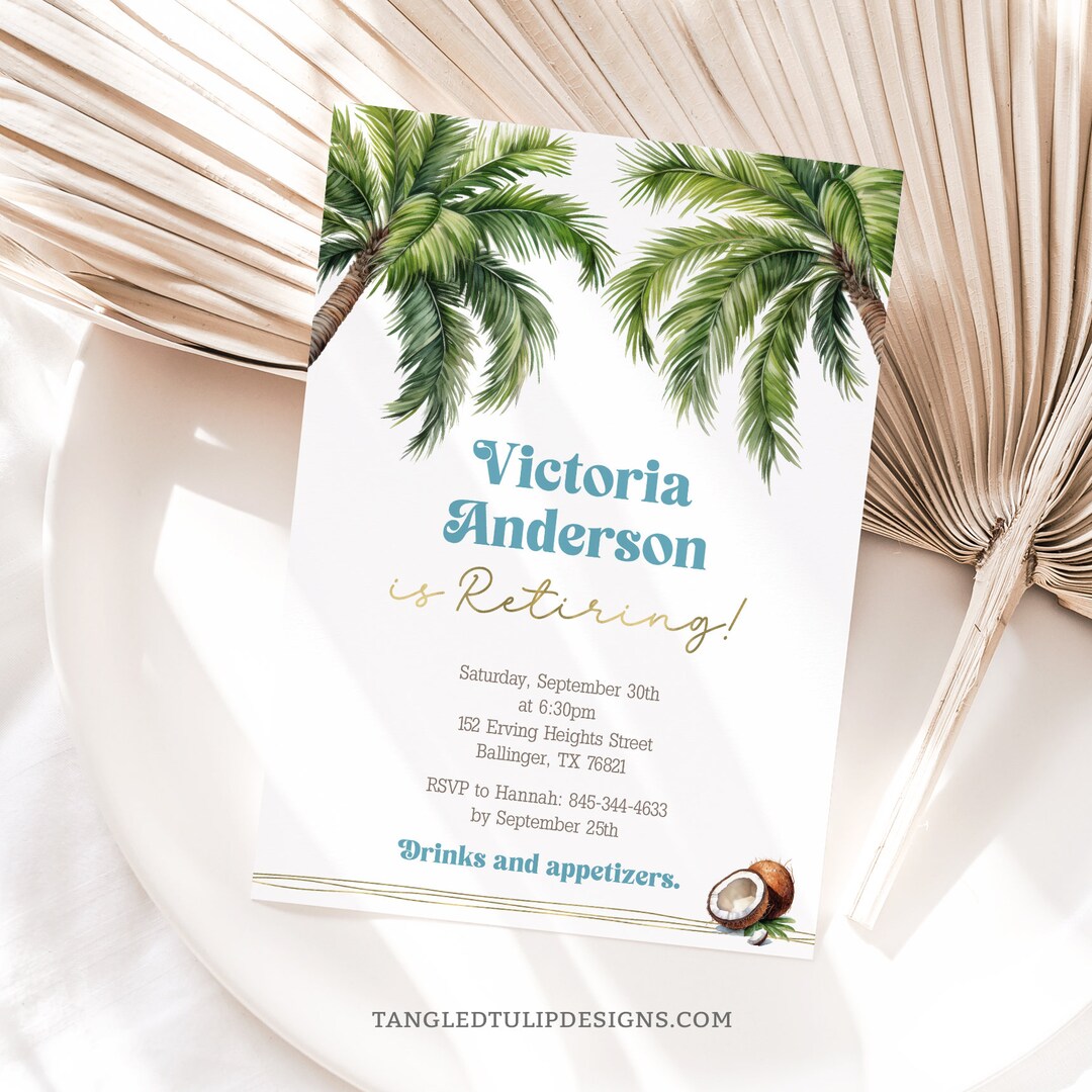 Tropical Retirement Party Invitation Template. Palm Trees Coconut ...