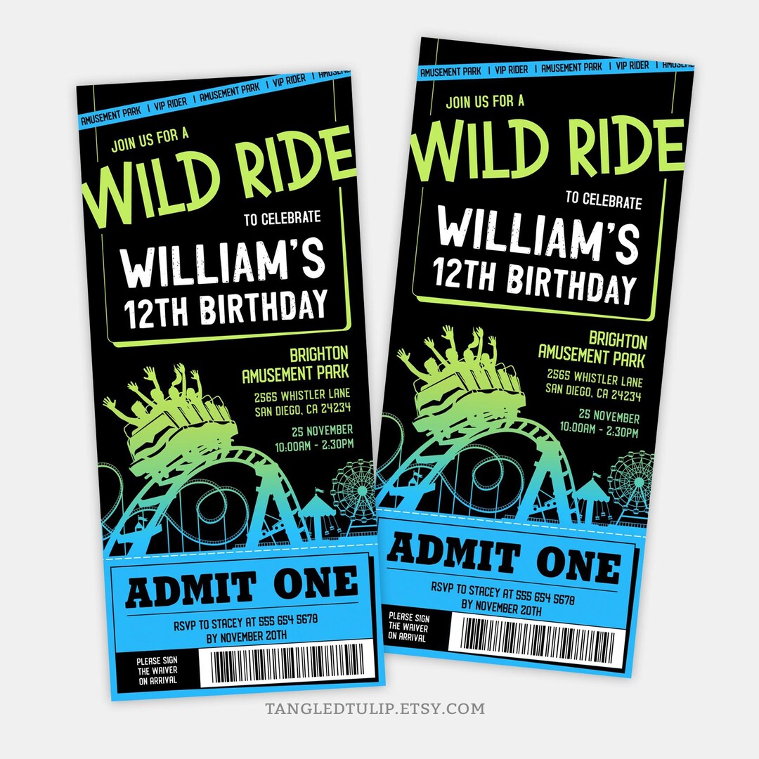 Editable Amusement Park Birthday Invitation Ticket, Theme Park Party ...