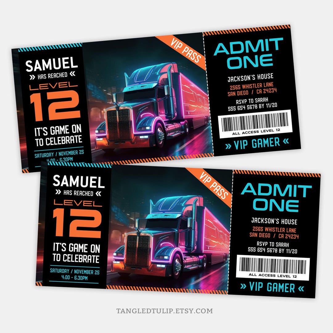 Editable Gaming Truck Birthday Invitation Ticket, Game Truck Party ...