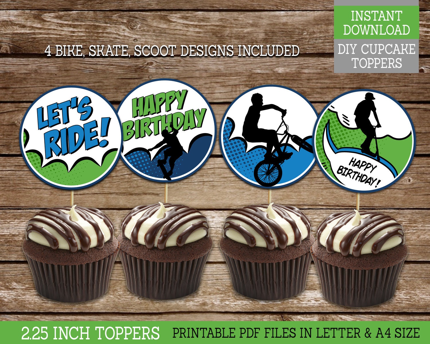 Bike Skateboard Cupcake Toppers | Printable Birthday Cupcake Toppers ...