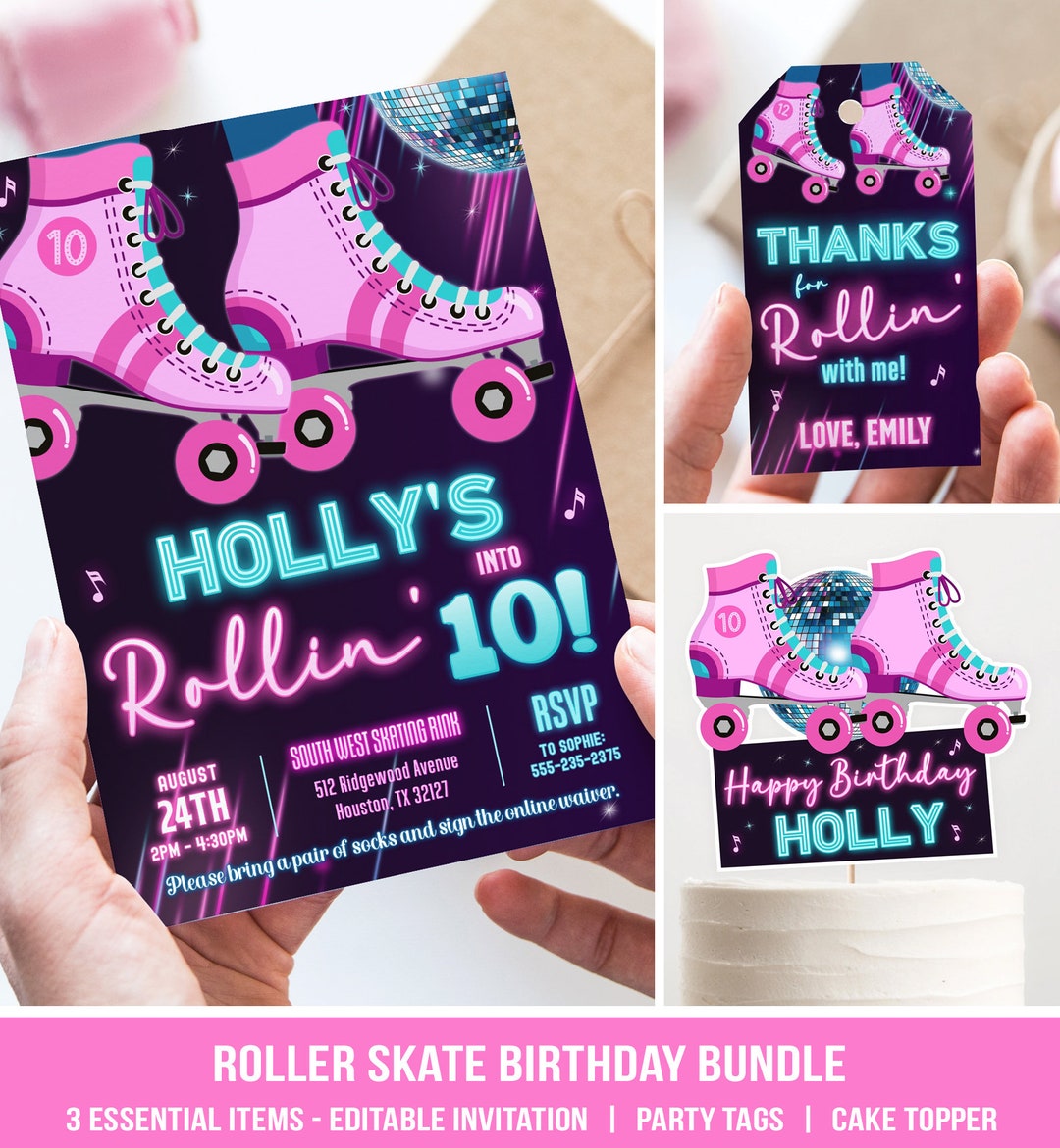 Editable Roller Skating Birthday Bundle, Roller Skate Party Invitation ...