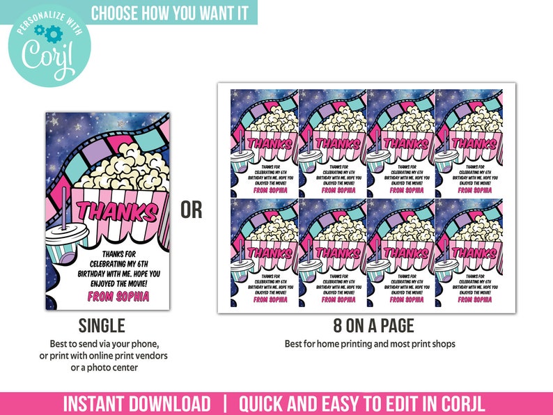 Movie Night Birthday Thank You Tags for Girls Movie Night - Etsy