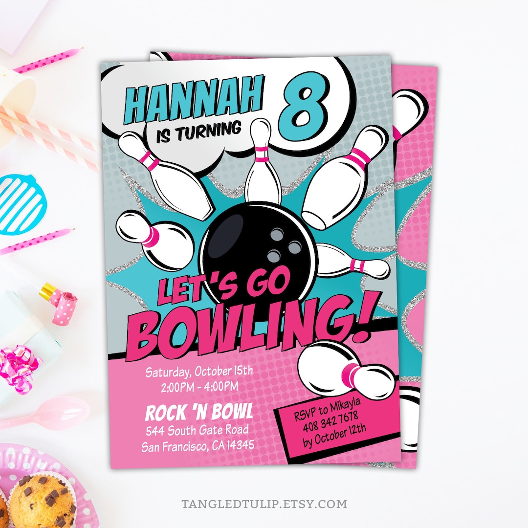 Bowling Birthday Invitation Girl Editable Tenpin Bowl Party Invite Pink ...
