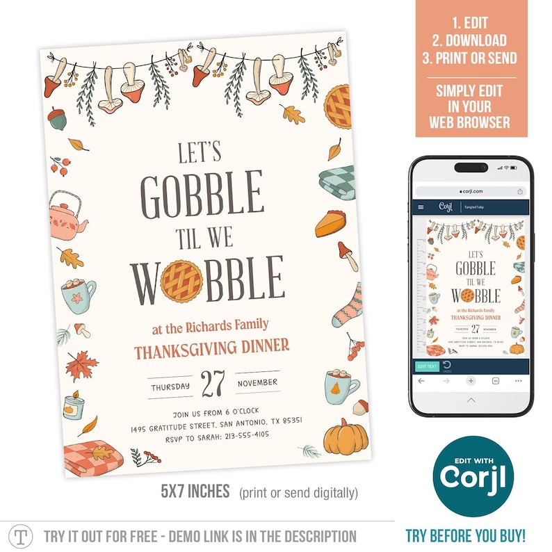 Thanksgiving Dinner Invitation | Boho Gobble Til We Wobble Dinner Party ...