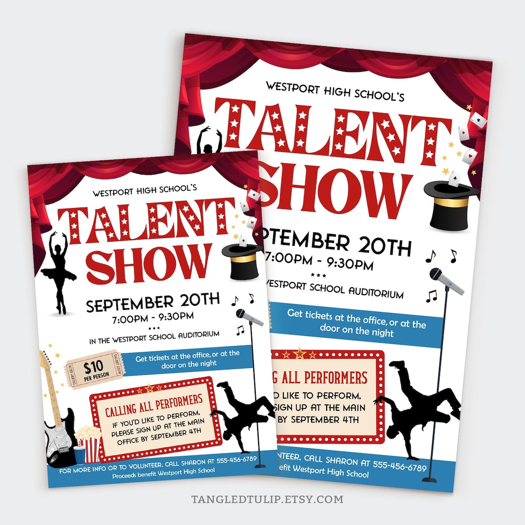 School Talent Show Flyer and Poster Template, Editable High School ...
