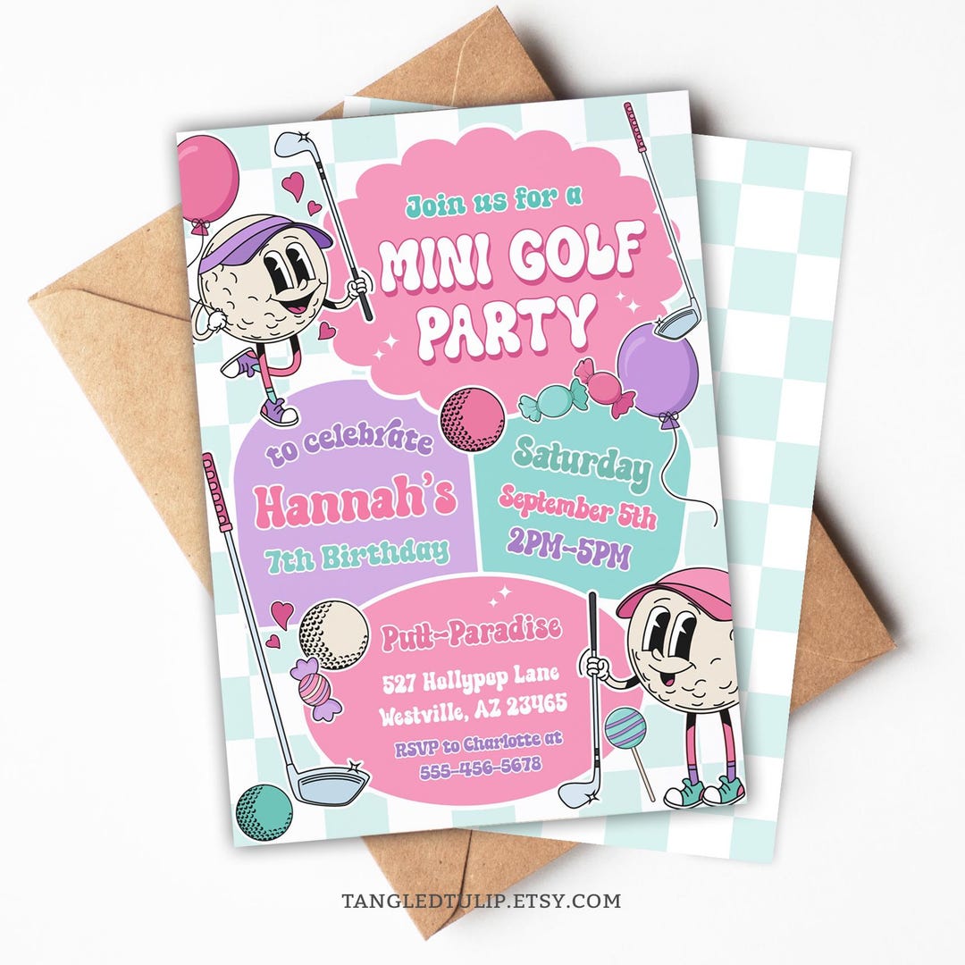 Groovy Mini Golf Birthday Invitation: Girl Putt-putt Party Invite in a ...