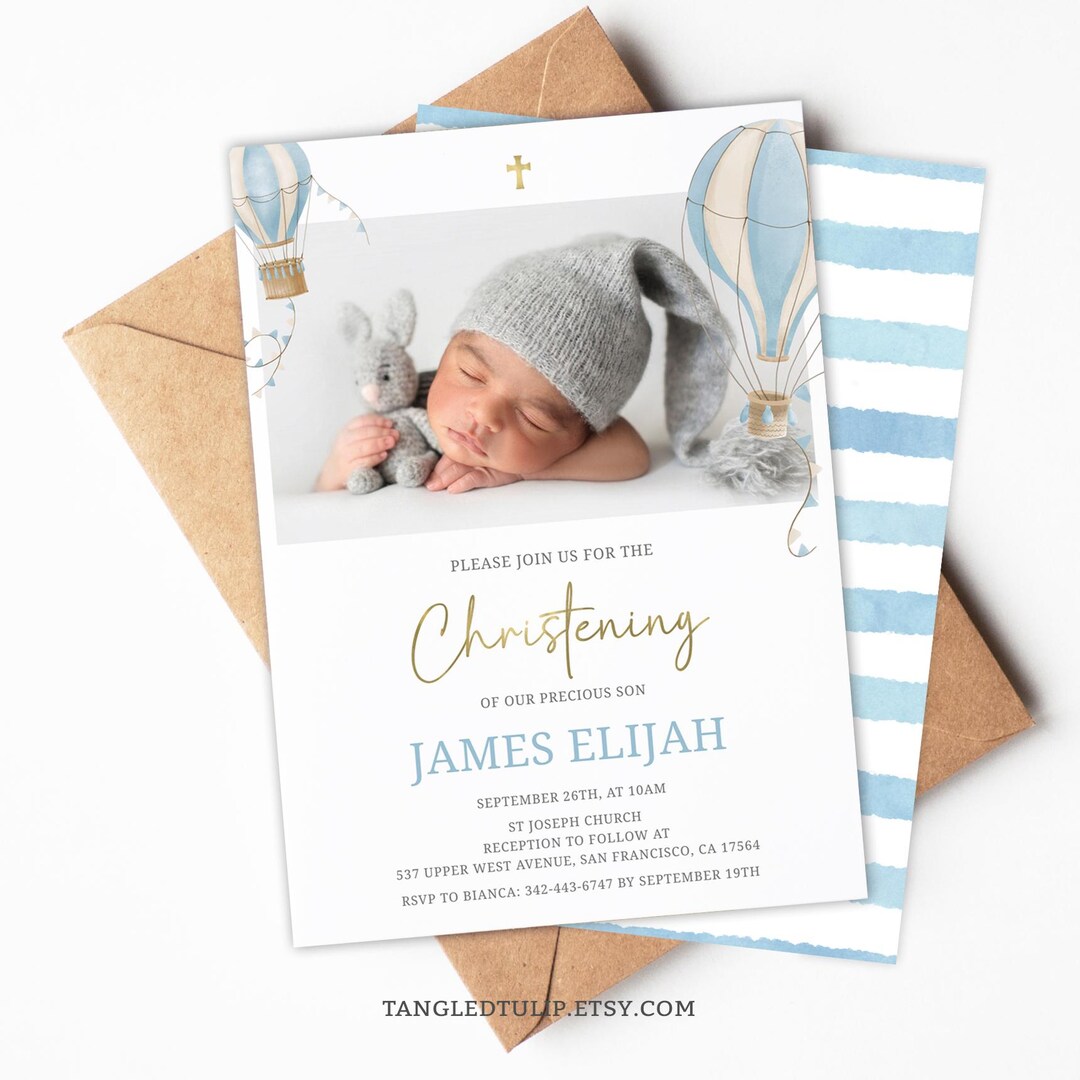 Editable Christening Invitation With Photo, Hot Air Balloons ...