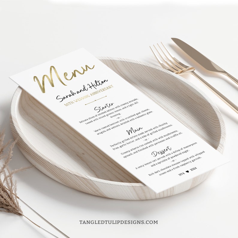 Anniversary Dinner Menu | 50th Anniversary Gold Menu and Thank You Card ...