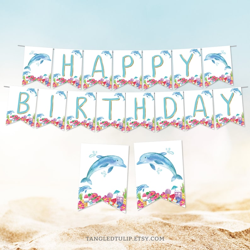 Dolphin Birthday Banner | Printable Girl Pool Party Banner Instant ...