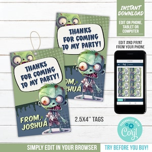 Editable Zombie Birthday Party Thank You Tags Zombies Apocalypse Favor ...