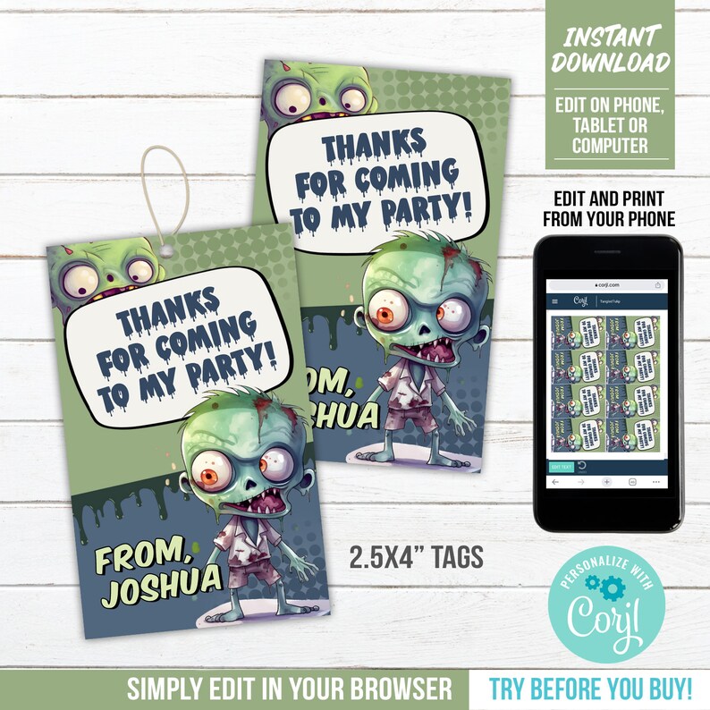 Zombie Birthday Thank You Favor Tags | Zombie Apocalypse Party Favor ...