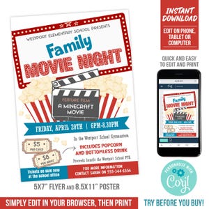 Editable Movie Night Fundraiser Flyer, Family Movie Night Flyer, Movie ...