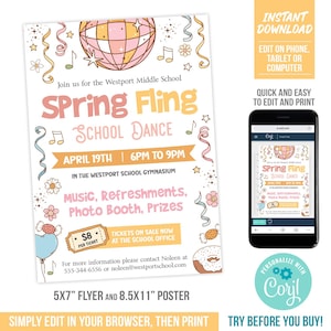 Editable Spring Fling School Dance Flyer Invitation, Spring Fling ...