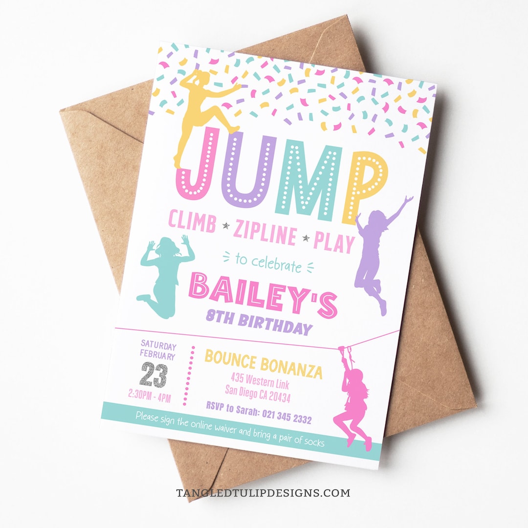 Jump Birthday Invitation | Girl Jump Climb Play Zipline Birthday Party ...