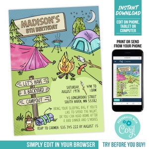 Backyard Campout Invitation Template Girl Camping Birthday Party ...