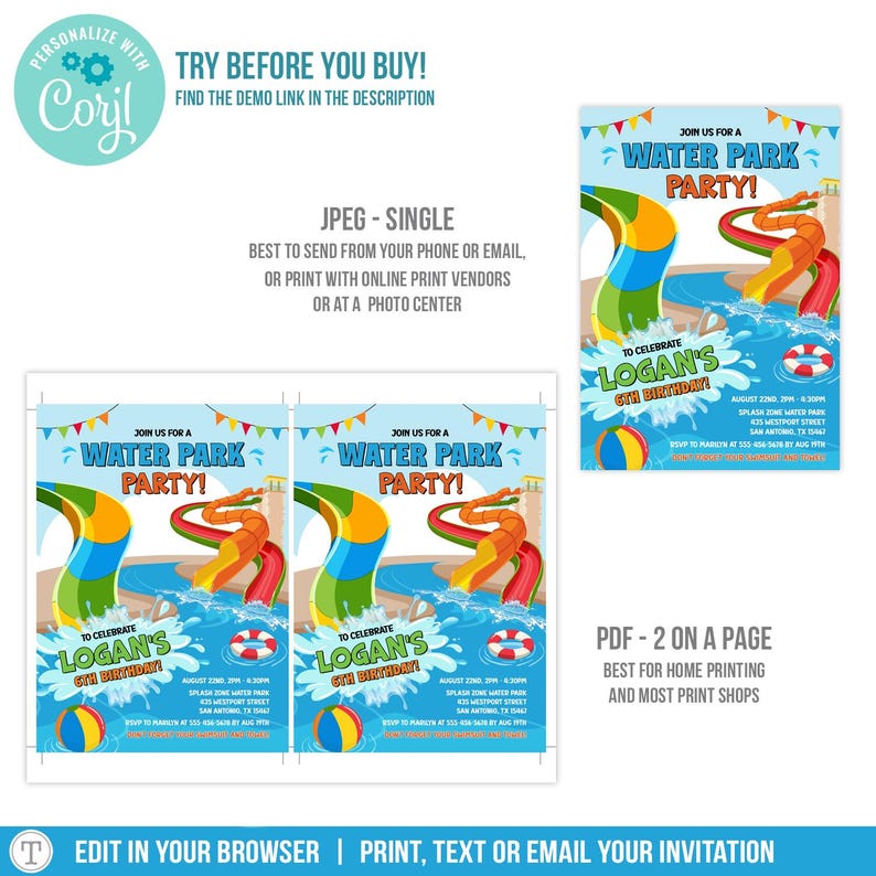 Water Park Birthday Invitation | Boy Water Slides Birthday Party Invite ...