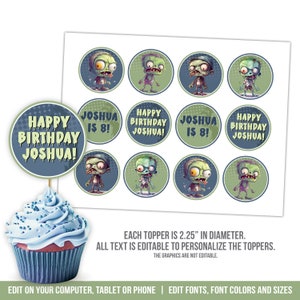 Editable Zombie Cupcake Toppers Boy Little Zombies Apocalypse Birthday ...
