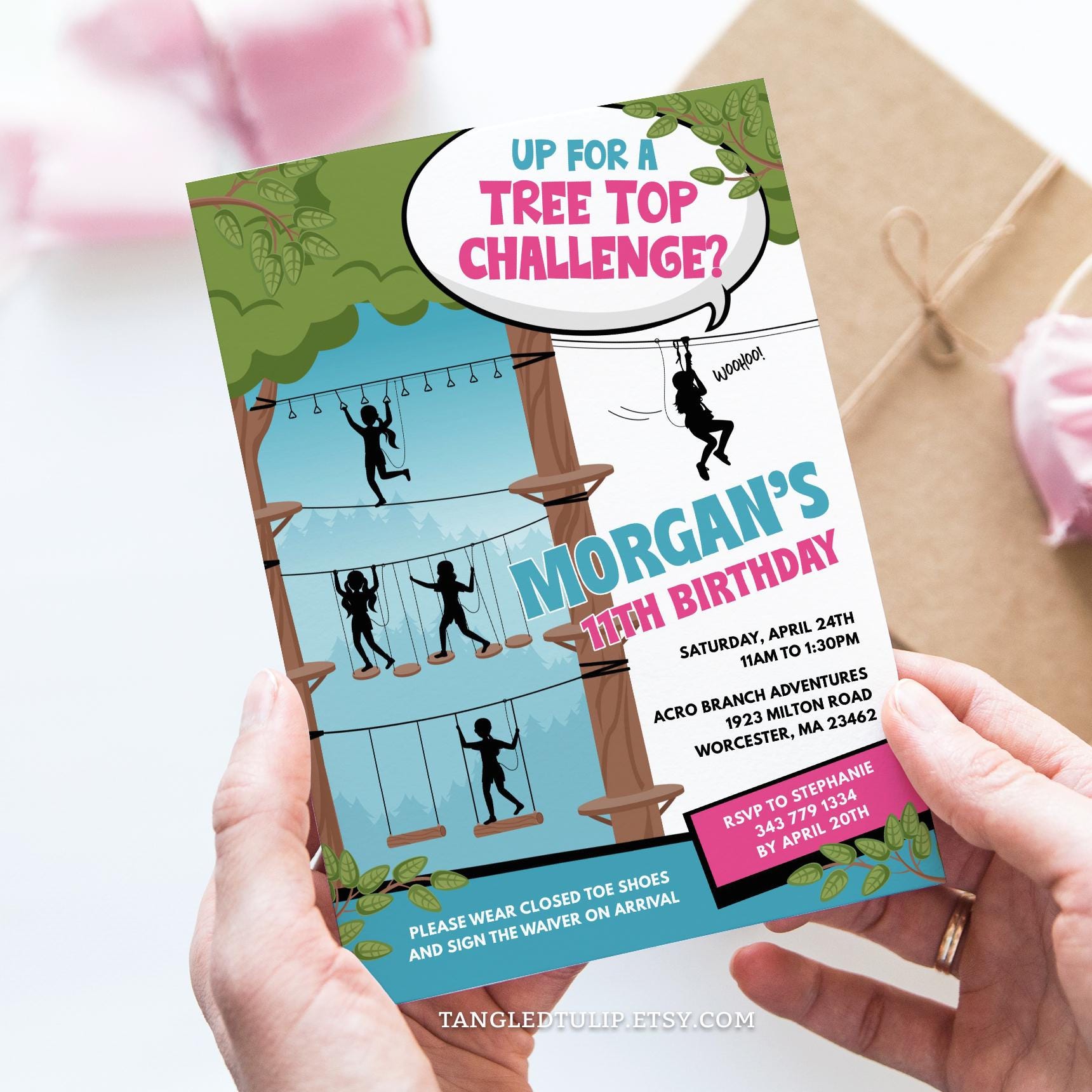 Rope Course Birthday Invitation | Girl Zipline Tree Top Adventure Party ...