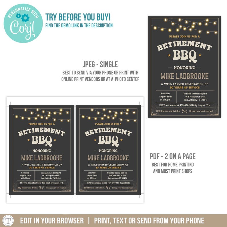 Editable Retirement BBQ Invitation, Retired Barbecue Invite, Rustic ...