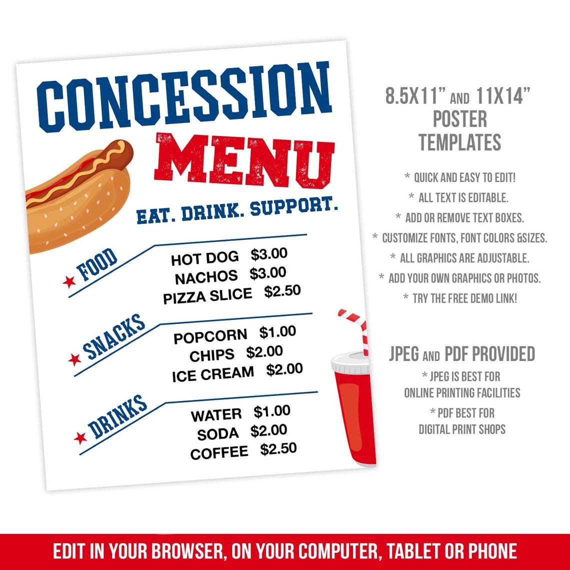 Concession Menu Poster | Refreshment Stand Price List | Printable ...
