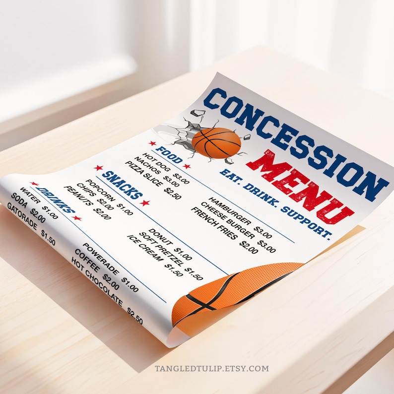 Basketball Concession Menu Poster | Basketball Refreshment Stand Price ...