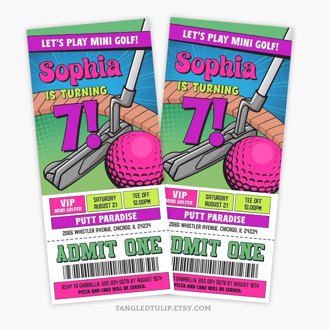 Editable Girl Mini Golf Party Invitation Ticket, Mini Golf Ticket ...