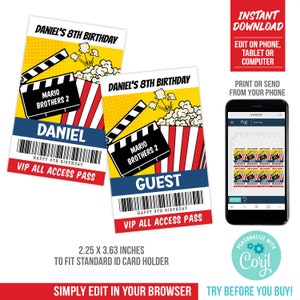Movie Party VIP Badge, All Access Pass, ID Badge, Movie Birthday ...
