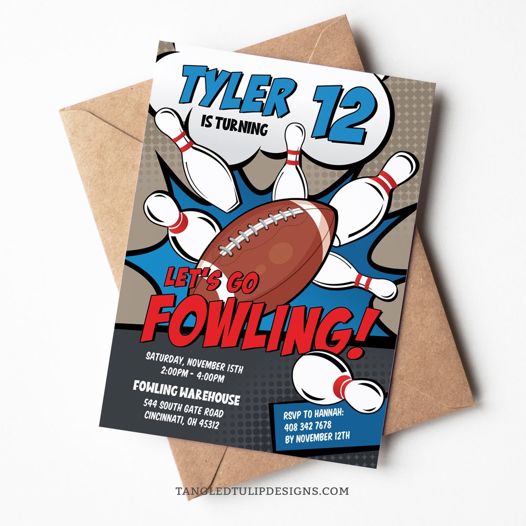 Fowling Birthday Invitation | Boy Football Bowling Fowling Birthday ...