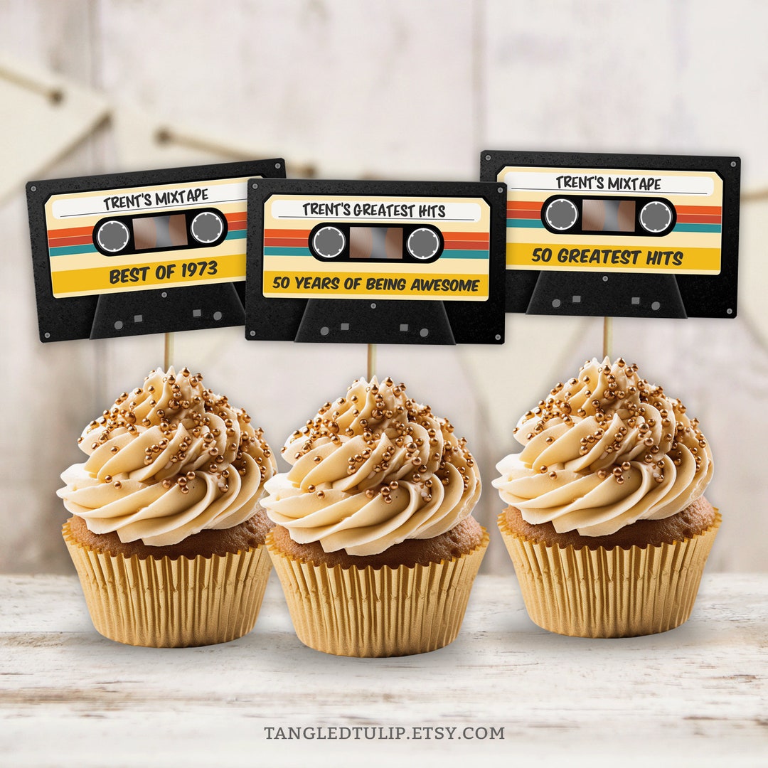 Cassette Tape Cupcake Toppers, Editable Vintage Mixtape Birthday Topper ...
