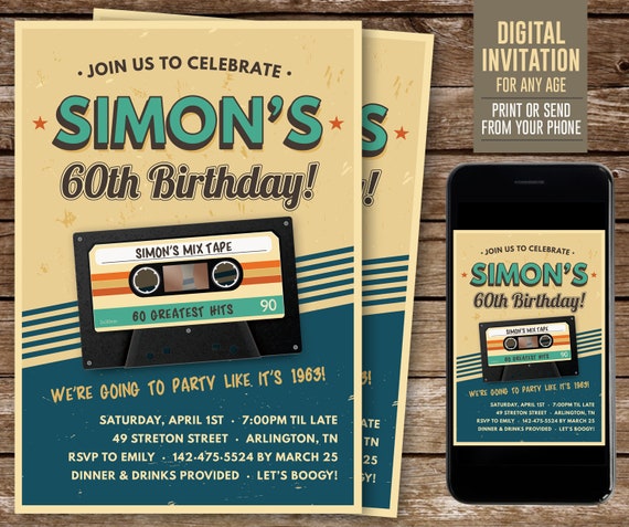 Retro Mix Tape Birthday Invitation for Him, MixTape Retro Party Invite ...