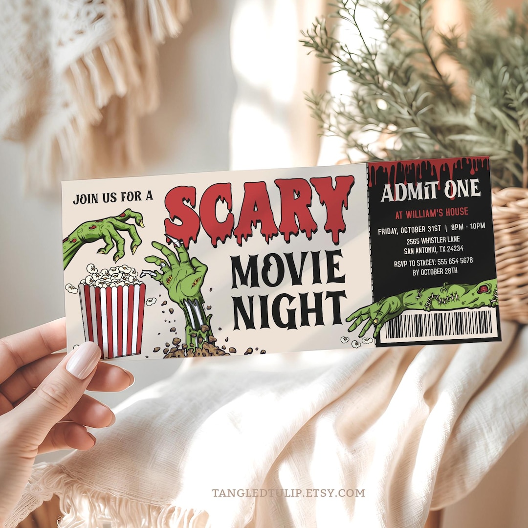 Editable Scary Movie Night Ticket: Printable Halloween Movie Party ...