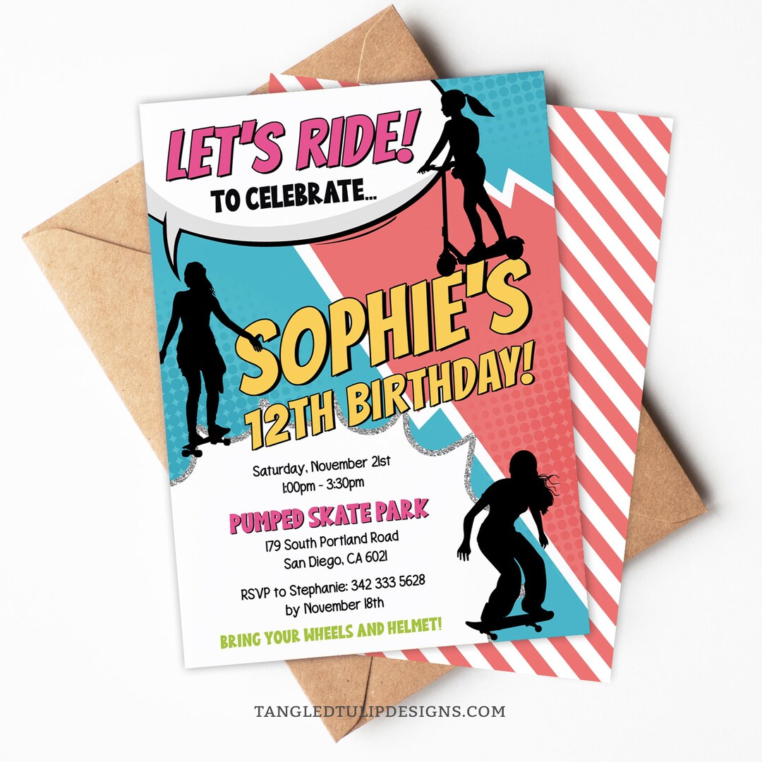 Scooter Skater Birthday Invitation: Comic Style Girl Party (digital ...