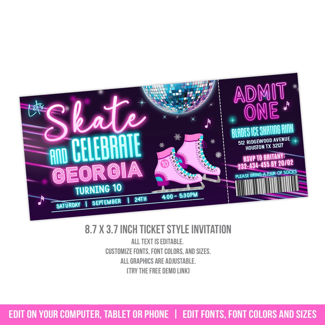 Ice Skating Birthday Invitation | Girl Ice Skate Ticket Birthday Party ...