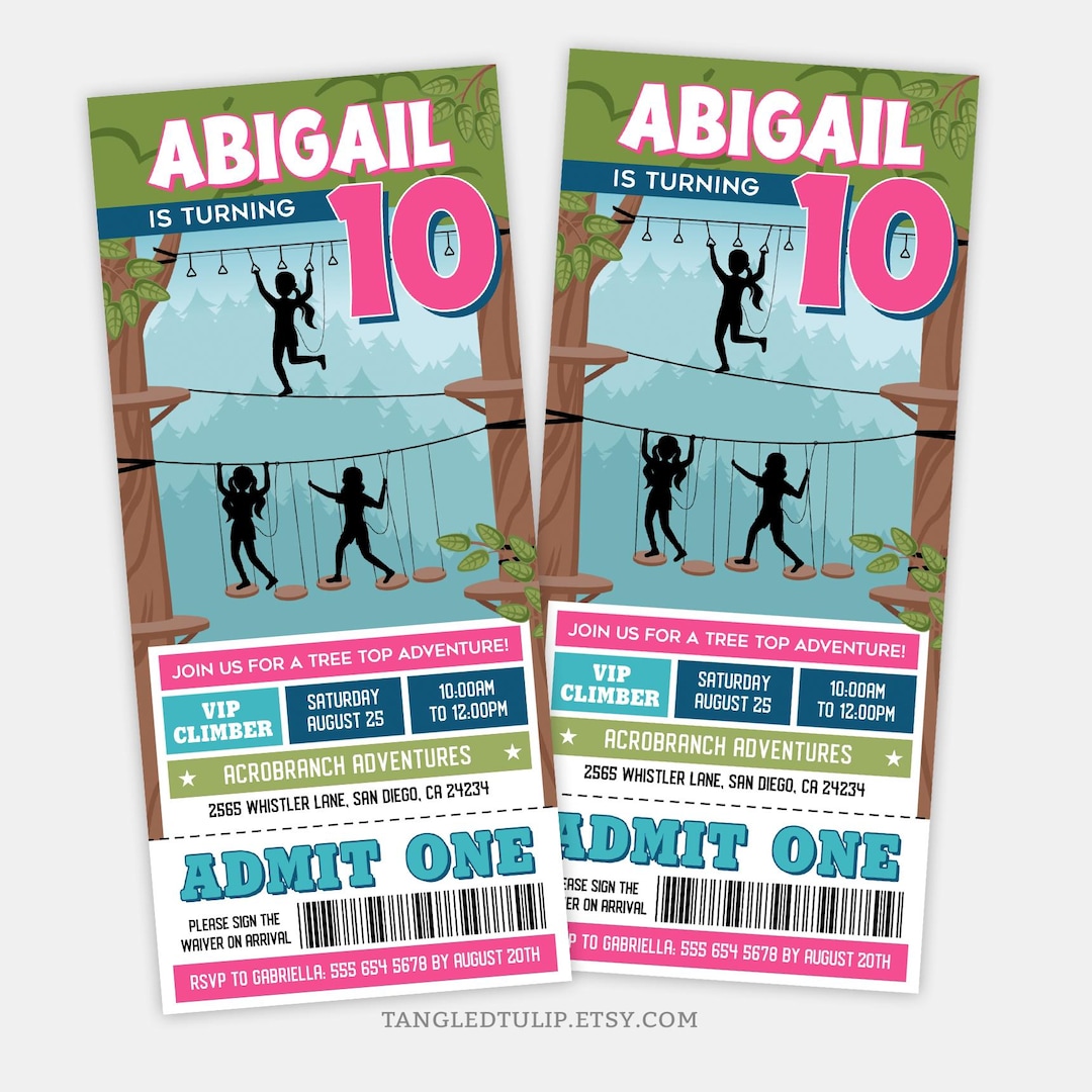Editable Rope Course Birthday Invitation Ticket, Girl Tree Top ...