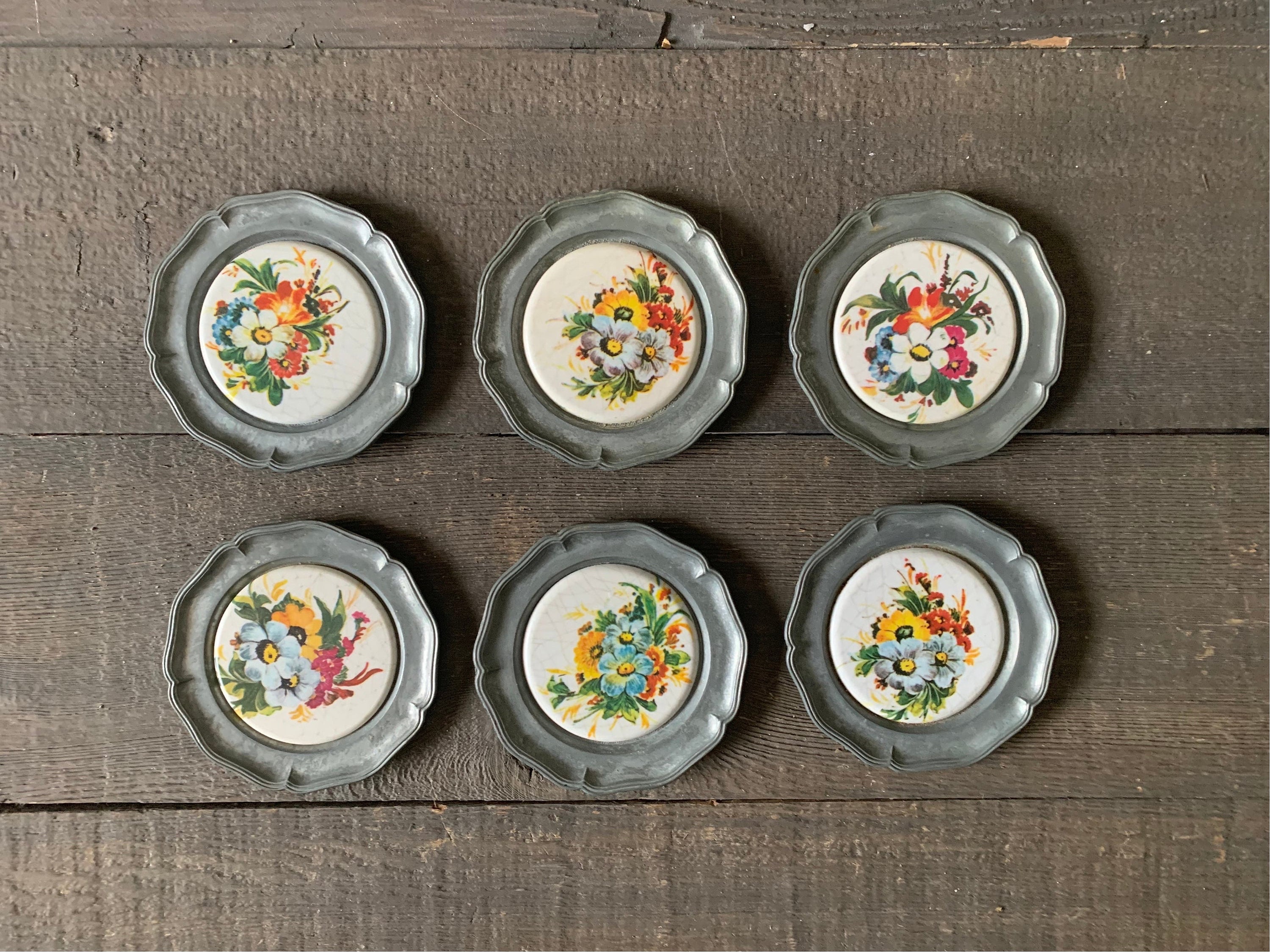 Vintage Decorative Pewter Plates With Craquelure Porcelain, Floral ...