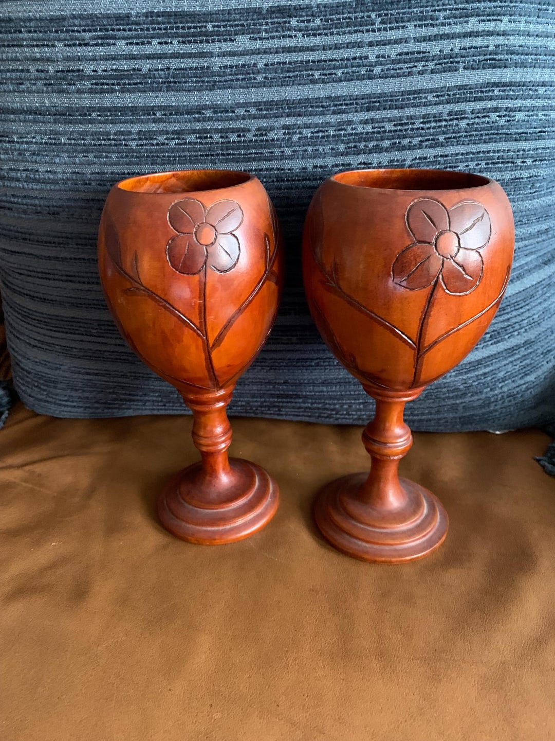 Wood Goblets Floral Design Set of 2, Carved Wood Goblets - Etsy